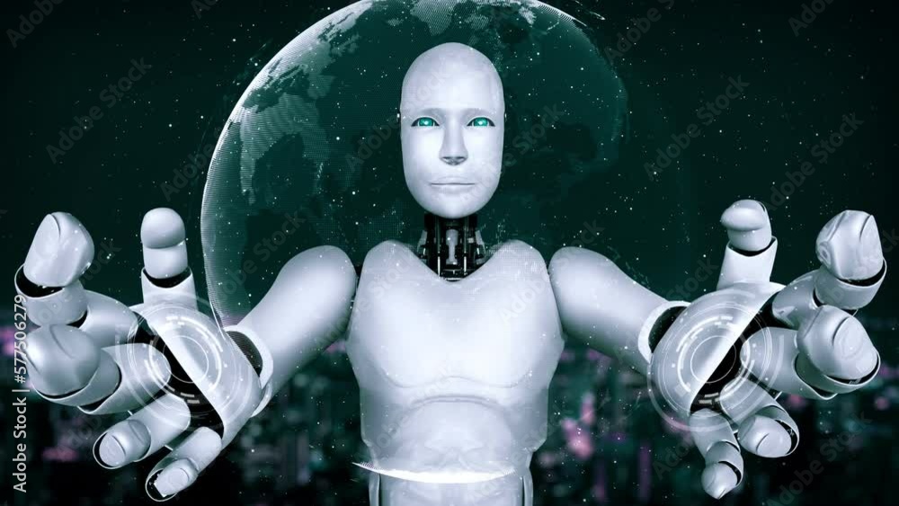 Vidéo Stock AI hominoid robot holding virtual hologram screen showing ...