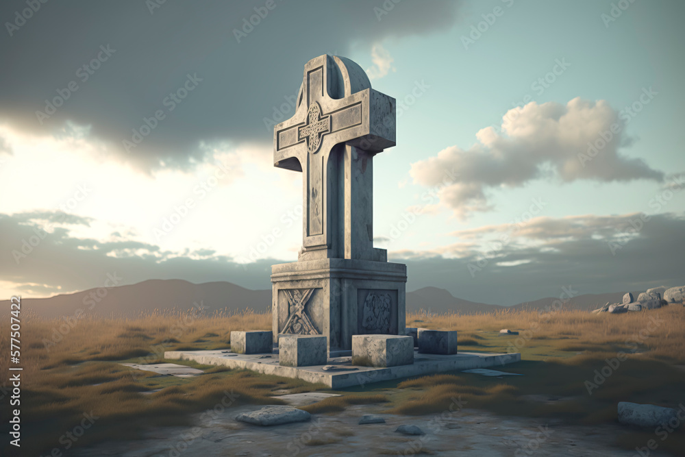 christian mausoleum with big cross, landscape or religious image with ...