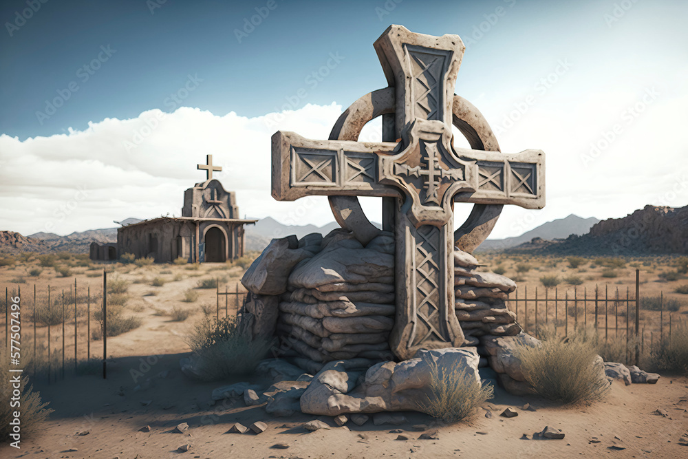 christian mausoleum with big cross, landscape or religious image with ...