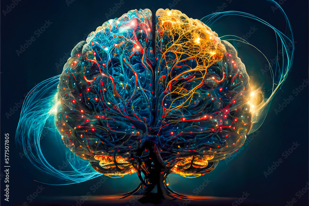 brain neuron neural communication and technology concept, brain in blue ...