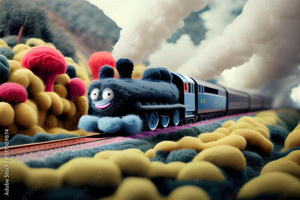 A wool train passes the middle of mountains and landscapes made of wool ...