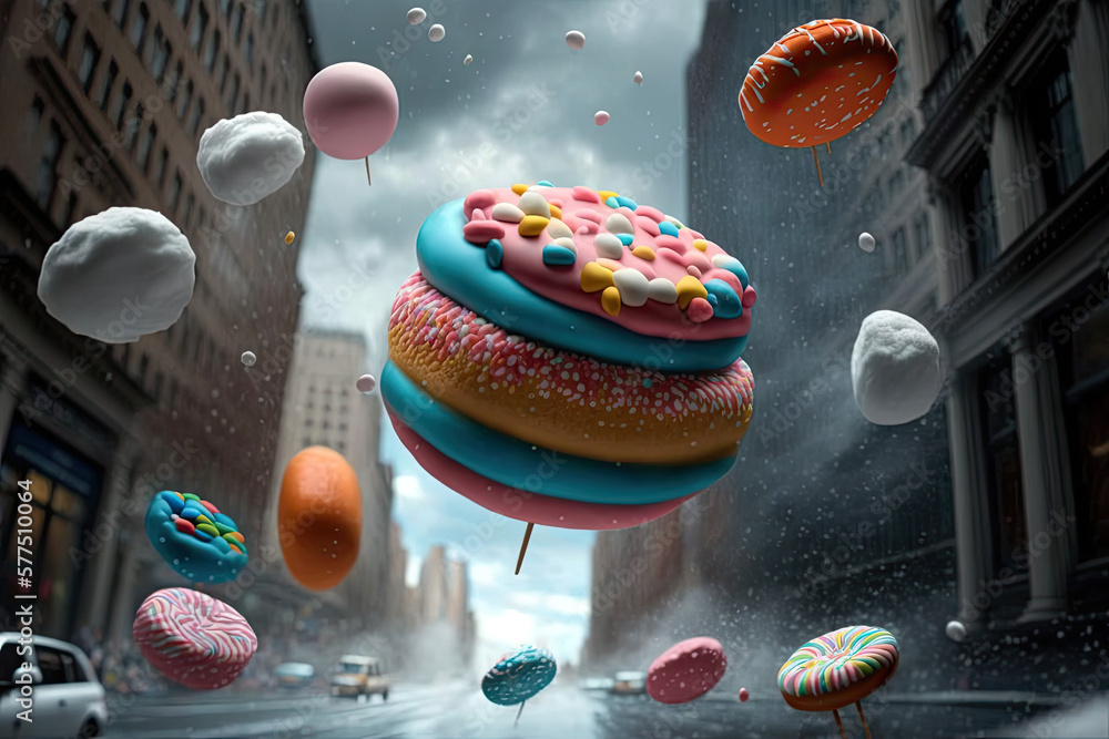 Big colourful cakes flying above the street in the big city. Concept ...