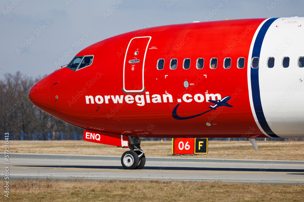 PRAGUE - March 3, 2023: Norwegian (Aleksis Kivi livery) Boeing 737-8JP ...