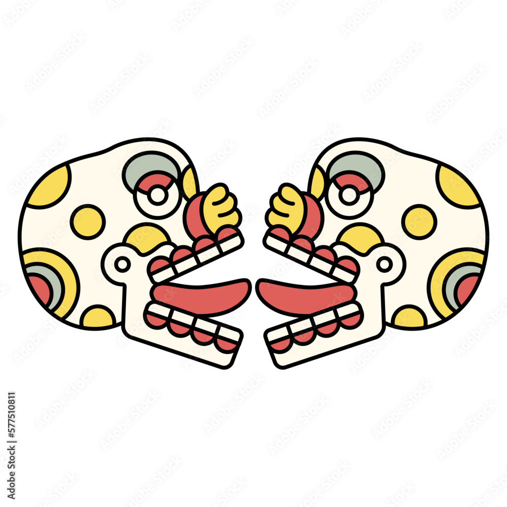 Symmetrical ethnic design with two stylized human skulls with stick out ...