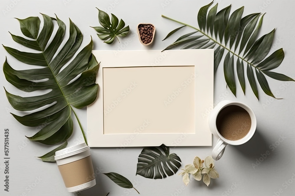 Mocup on a beige background. Beautiful plants, empty white space for ...