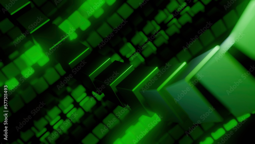 Green patterns from squares. Design. Bright 3D background with moving ...