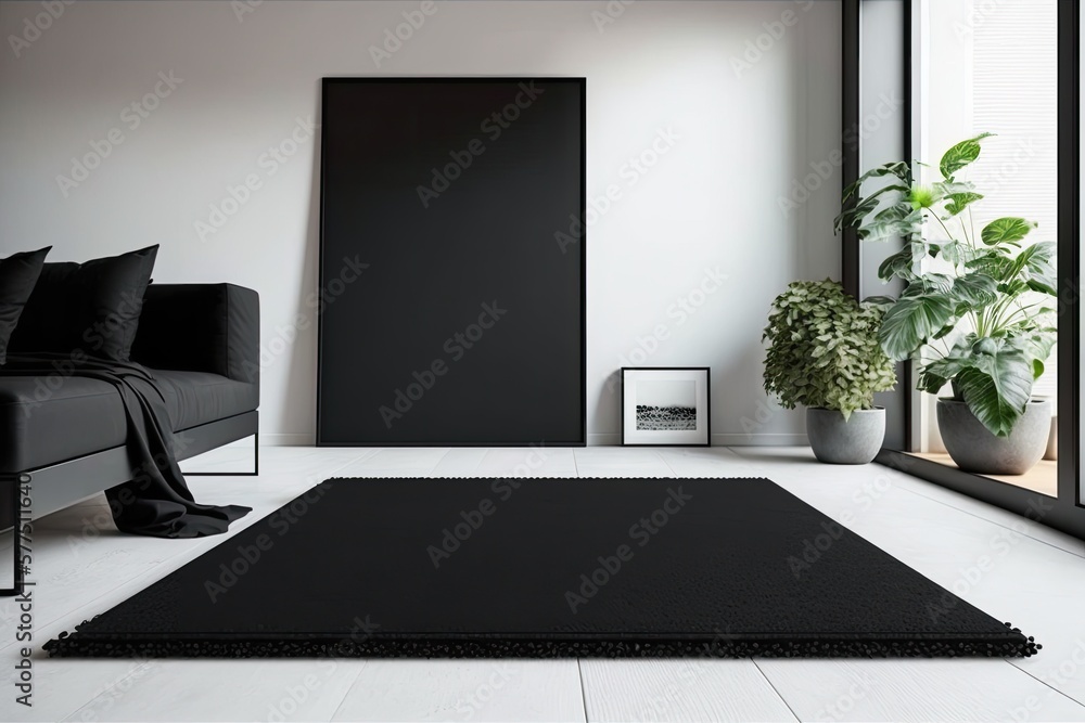 Blank black rectangular interior carpet in room mockup, front view ...