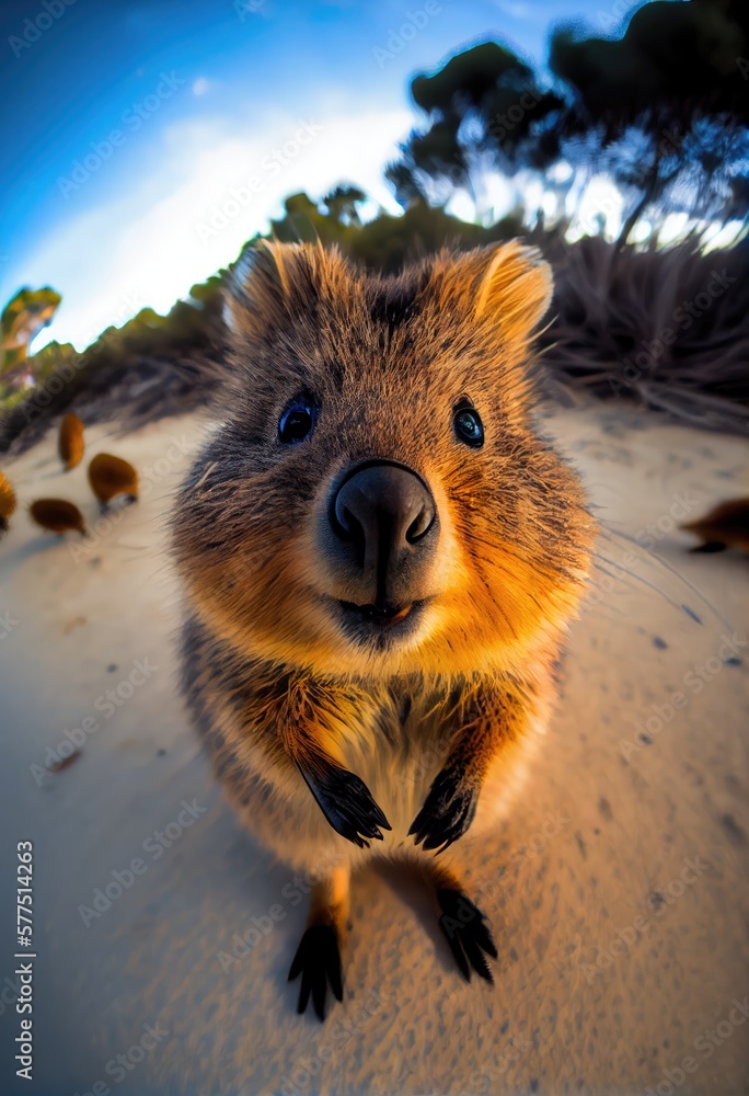Adorable Quokka. Cute furry animal portrait. Fish eye lens wildlife ...