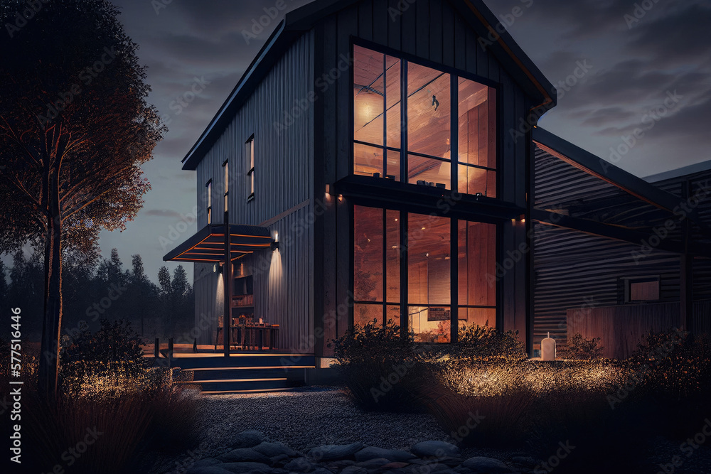 Exterior of modern house with large panoramic widows and terrace ...