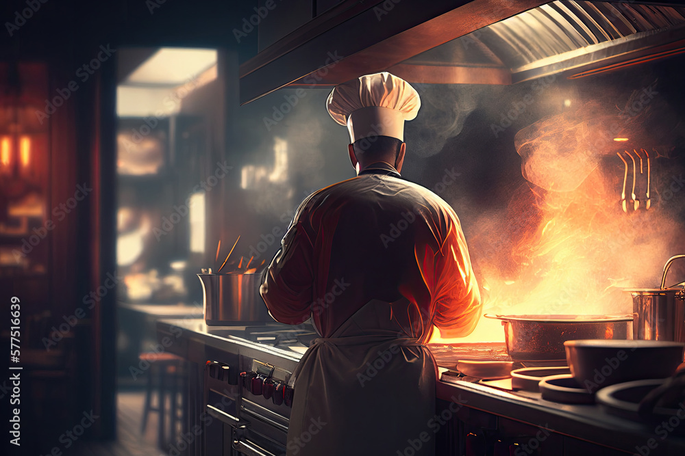 Chef cooking in restaurant kitchen interior. Back view of man in chef ...