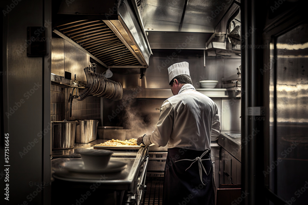 Chef cooking in restaurant kitchen interior. Back view of man in chef ...