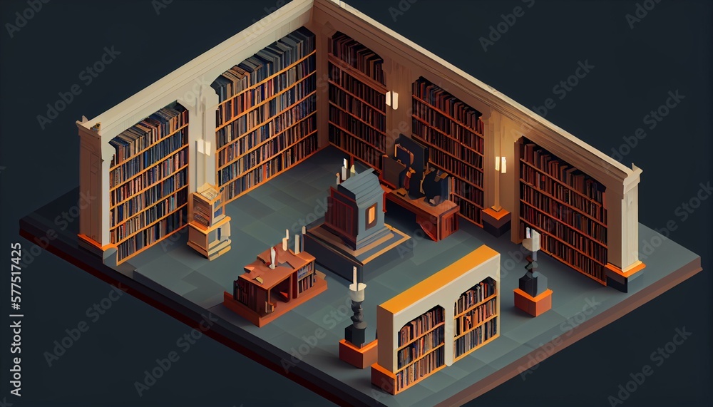 An isometric view of a library with smart bookshelves and a digital ...