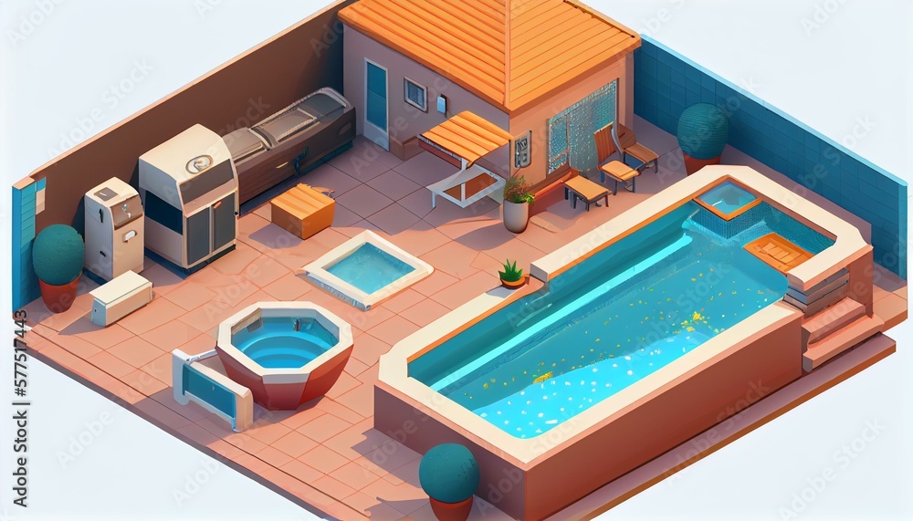 An isometric view of a pool area with a smart pool and hot tub that ...