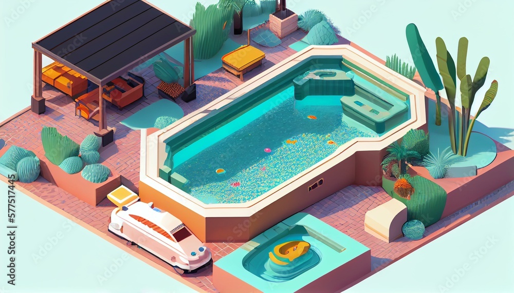 An isometric view of a pool area with a smart pool and hot tub that ...