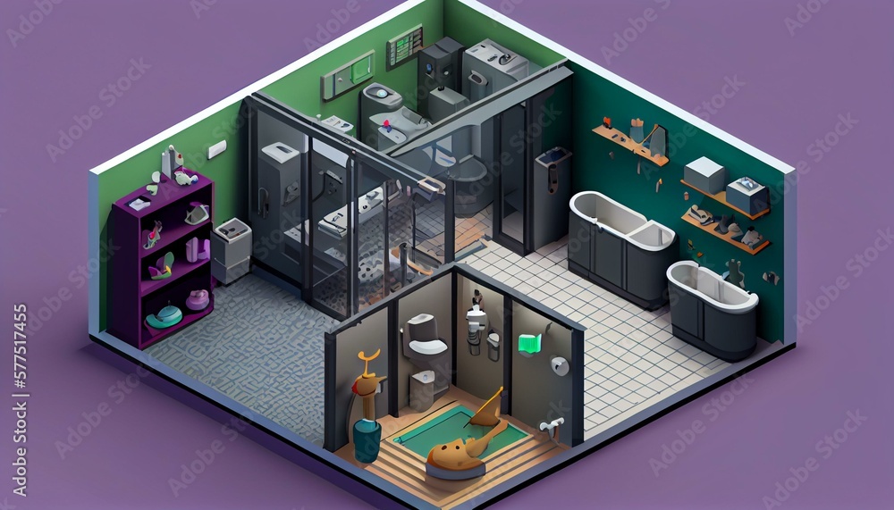 An isometric view of a pet room with smart feeding and grooming systems ...