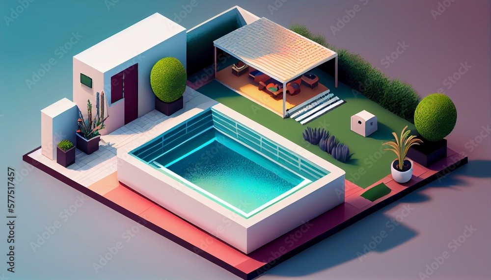 An isometric view of a pool area with a smart pool and hot tub that ...