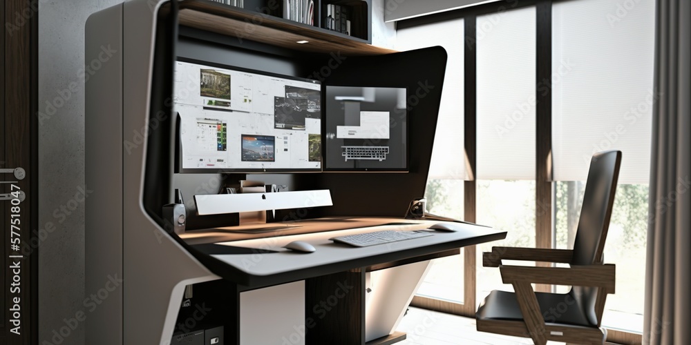 Home office with smart desk adjusting its height and position based on ...