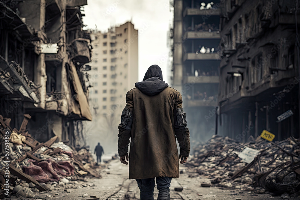 Generative AI illustration of a refugee and displaced by war or a ...