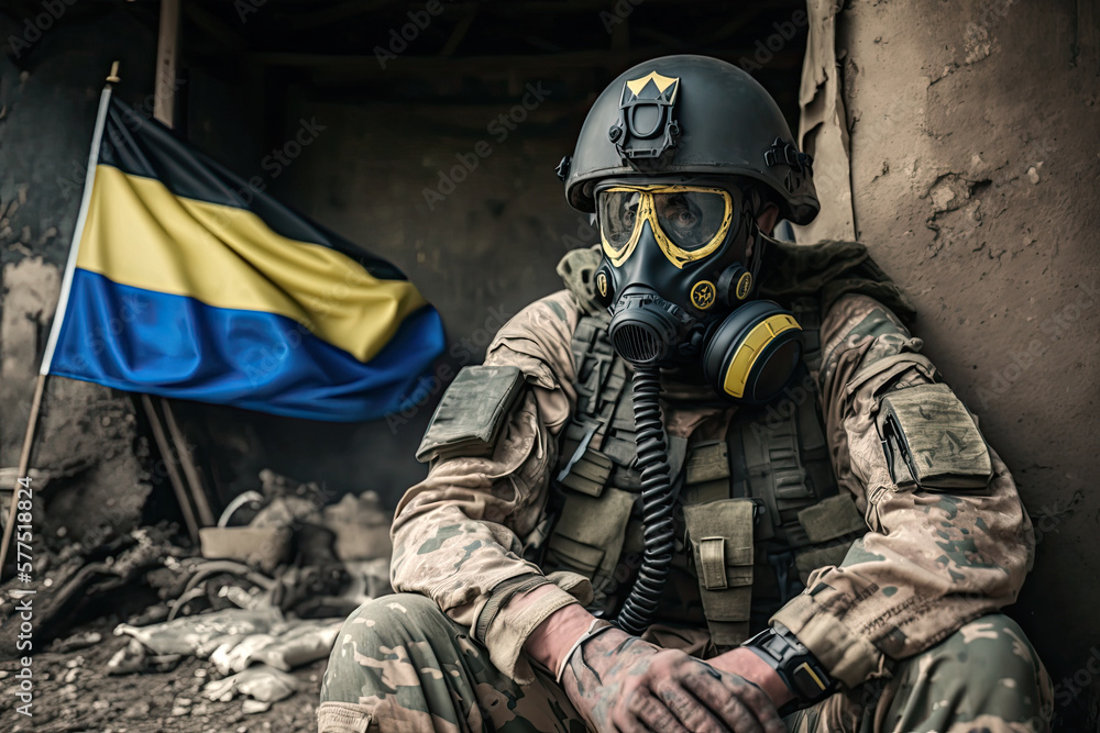 Generative AI illustration of Ukrainian soldiers with helmet and gas ...