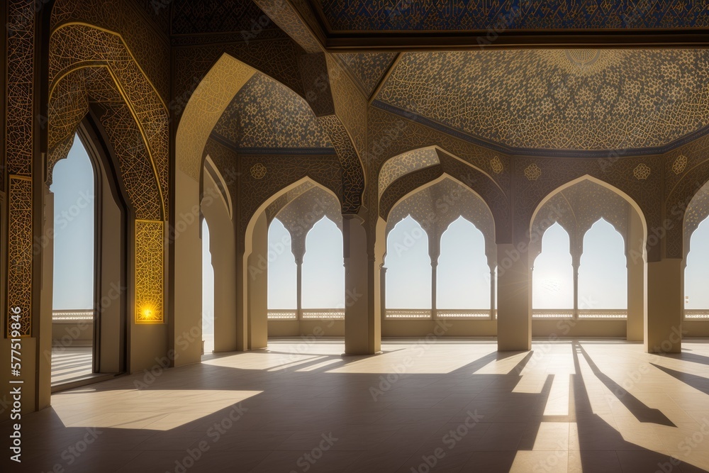 Islamic background painting. Mosque and shadows. Light rays from mosque ...