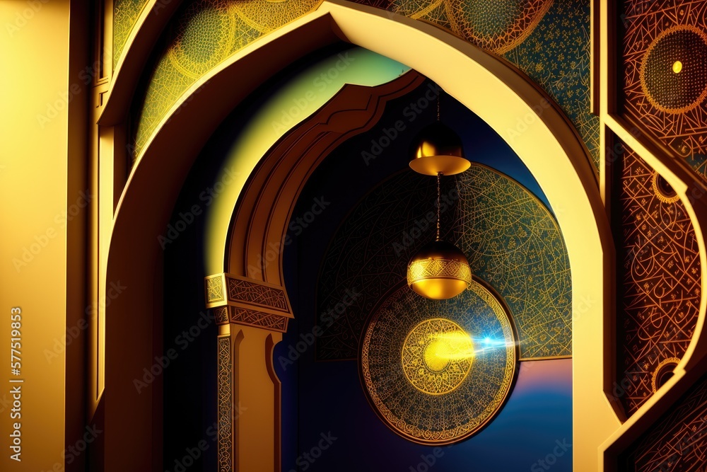Islamic background painting. Mosque and shadows. Light rays from mosque ...