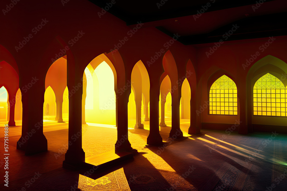 Islamic background painting. Mosque and shadows. Light rays from mosque ...
