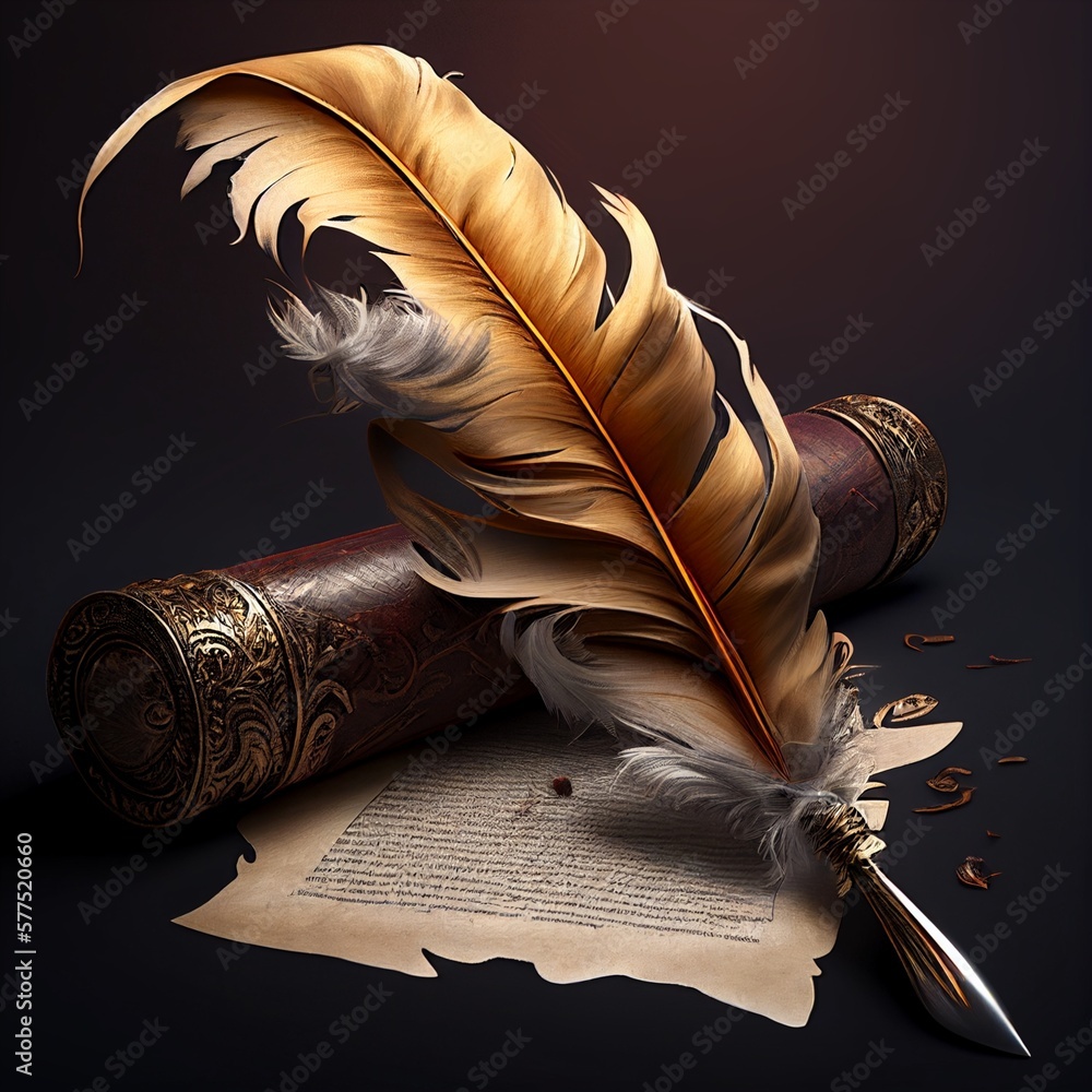 A scroll with a feather in ink in a fantasy style on a gray background ...