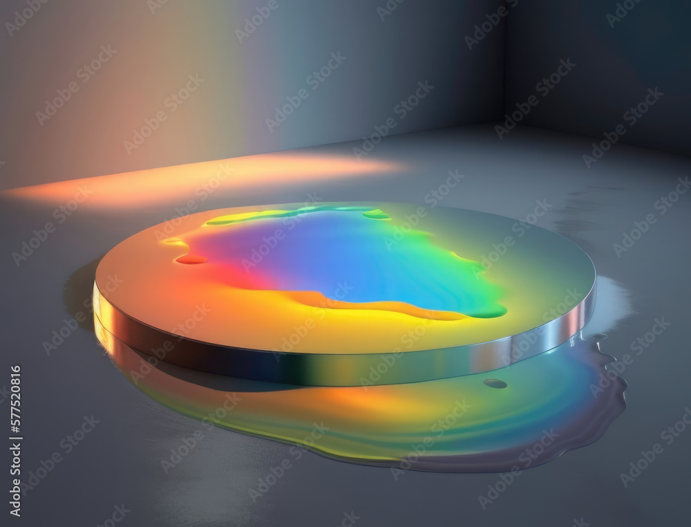 prismatic rainbow of light dancing on a viscid puddle of dye. Podium ...