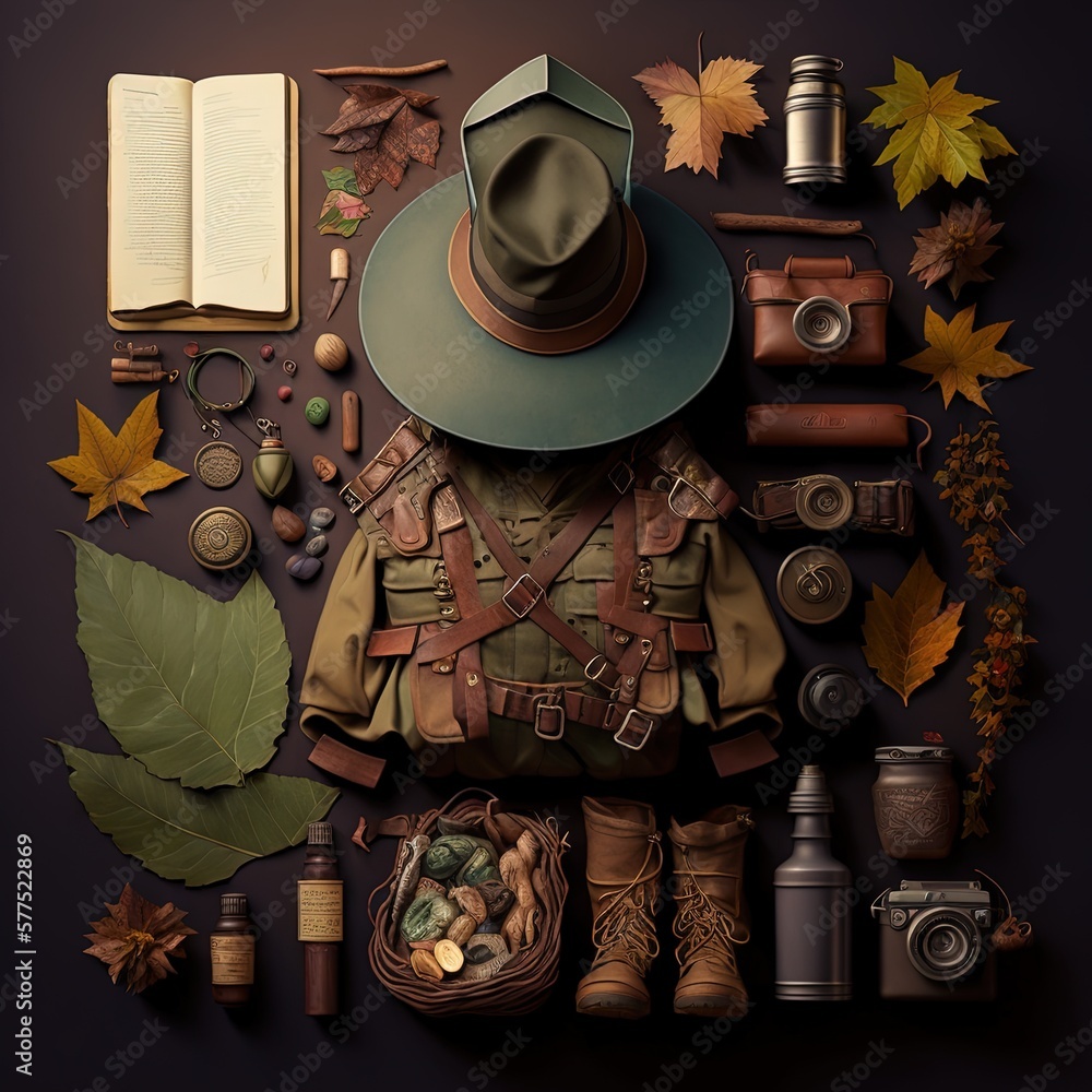 Forest ranger costume and props, knolling layout. Generative AI ...