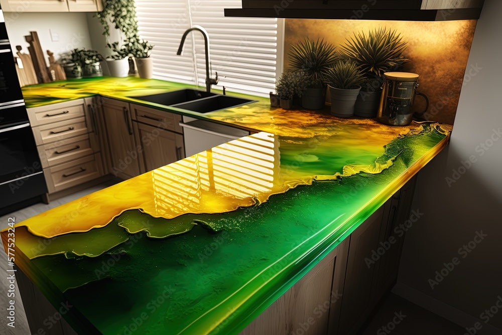 Green and yellow epoxy resin kitchen countertops. Generative AI. Stock ...