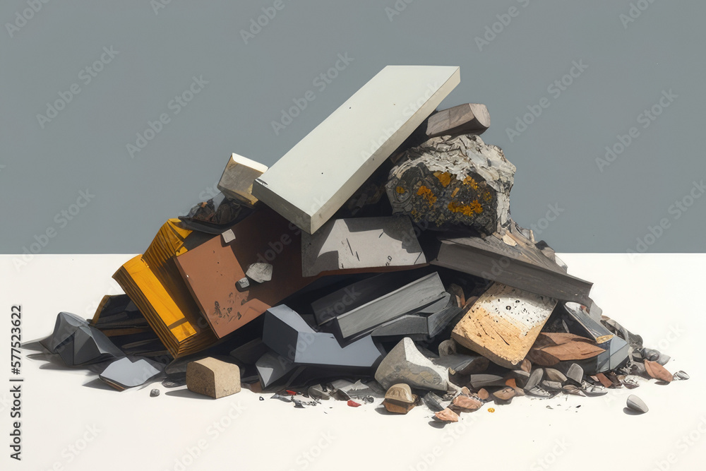 pile of discarded construction materials such as concrete and metal ...