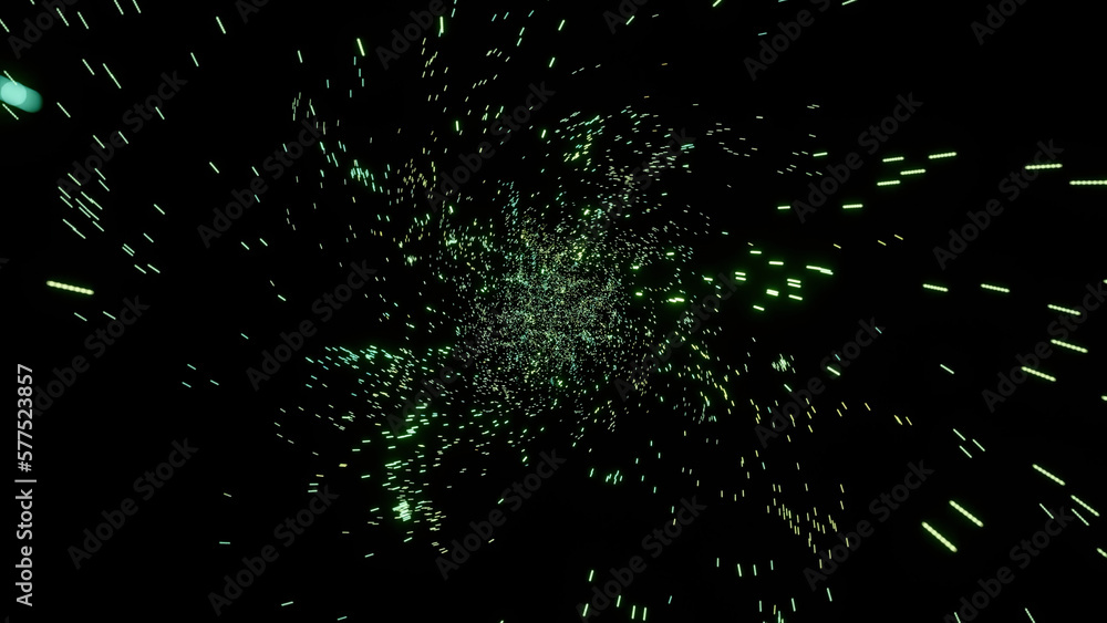 Dark background. Motion.Green flying particles in cartoon animation ...