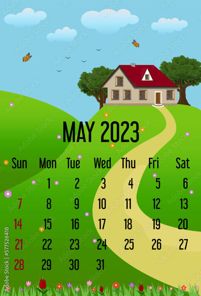 calendar may 2023. calendar template with house, tree and clouds ...