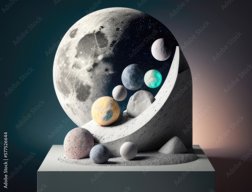 muddle of marbleized gravel cascading beneath the moon. Podium, empty ...