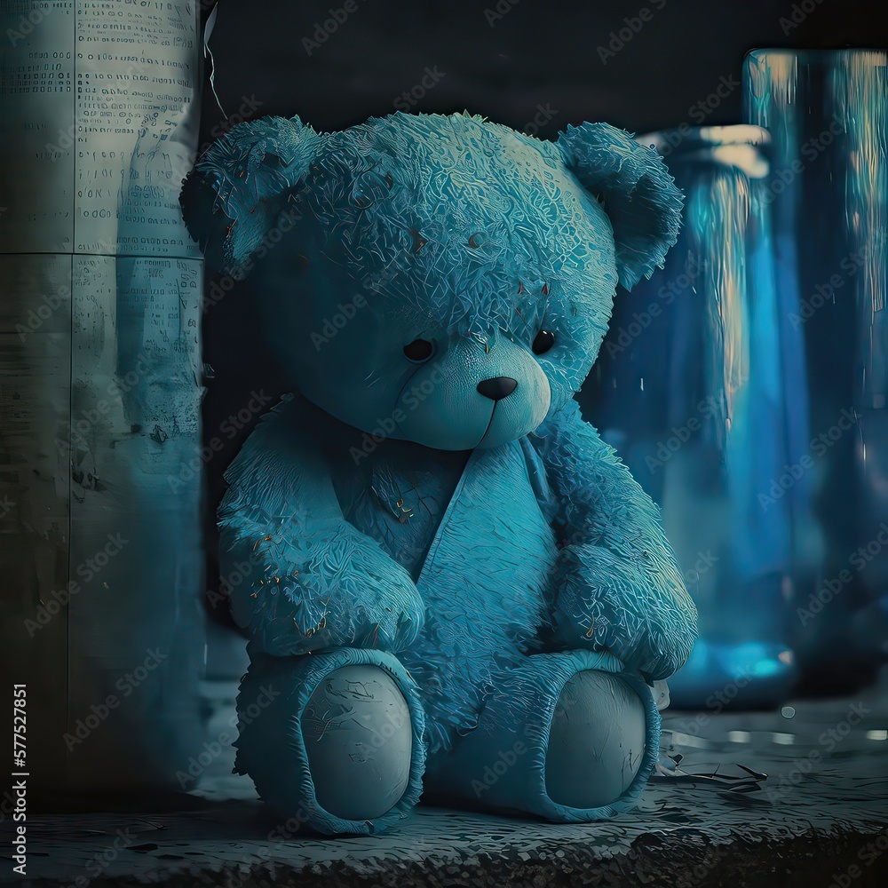 Blue sad teddy bear on a dark background. Children's soft toys ...