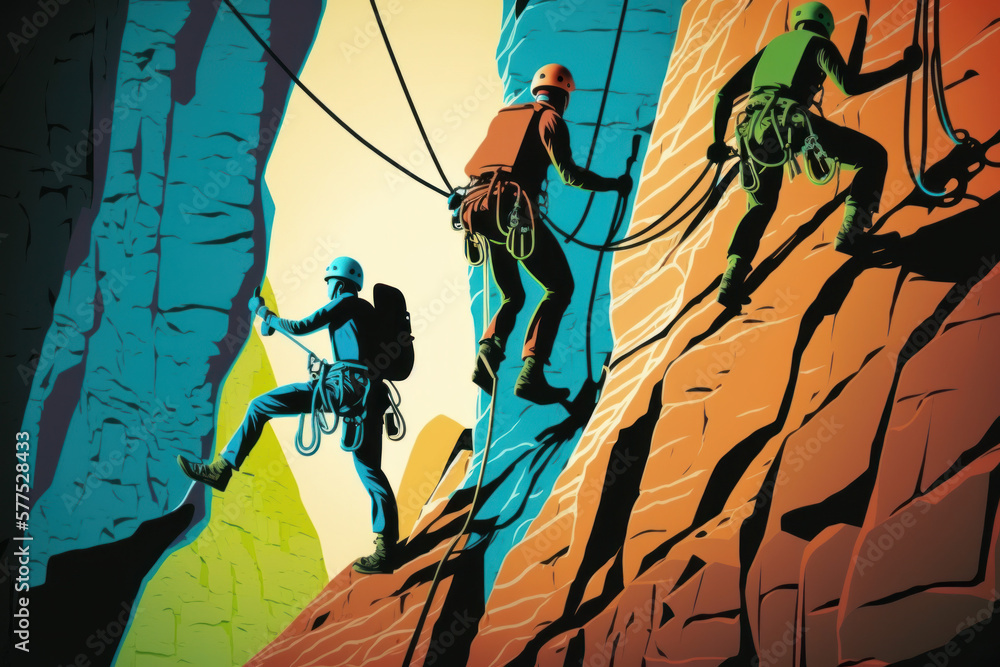 group of climbers climbing a mountain together, symbol of teamwork and ...