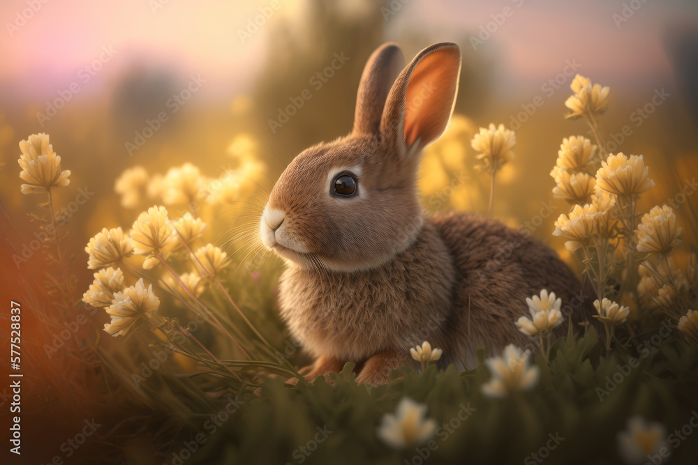 Cute rabbit sitting between flowers in beautiful rich spring meadow ...