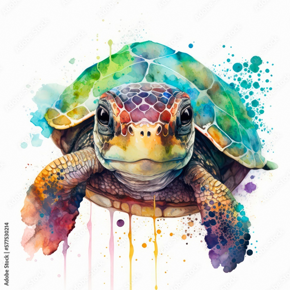 Watercolor illustration of a colorful turtle. Abstract drawing with ...