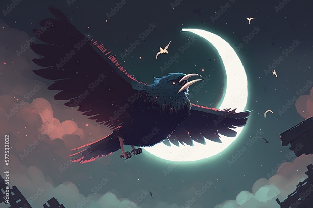 giant fat bird flying in the night sky with crescent moon digital art ...