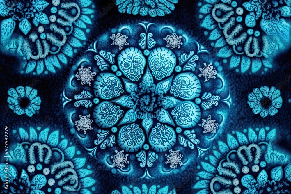 repeating floral ornament pattern in a monochromatic blue color scheme ...
