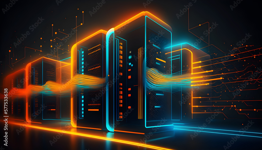 Futuristic working data center with row of rack servers, illustration ...