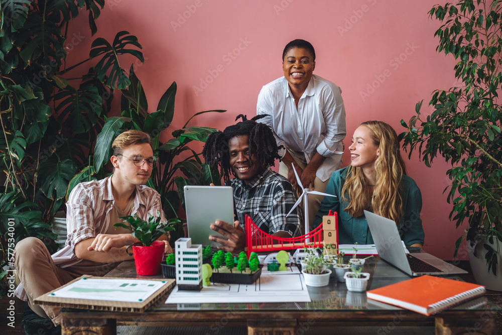 International group of students working on modern urban architecture ...