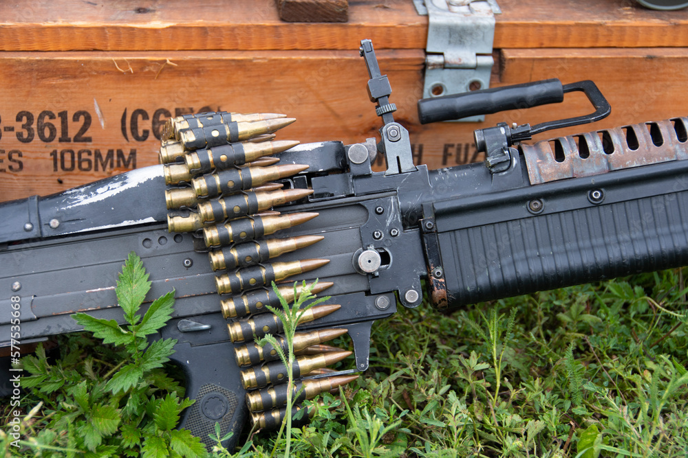American M60 machine gun with ammunition box and ammunition belt Stock ...
