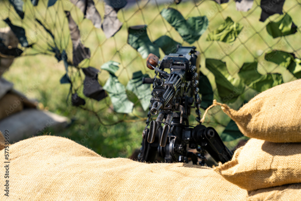 Soviet nsv heavy machine gun with sandbags and camouflage net Stock 写真 ...