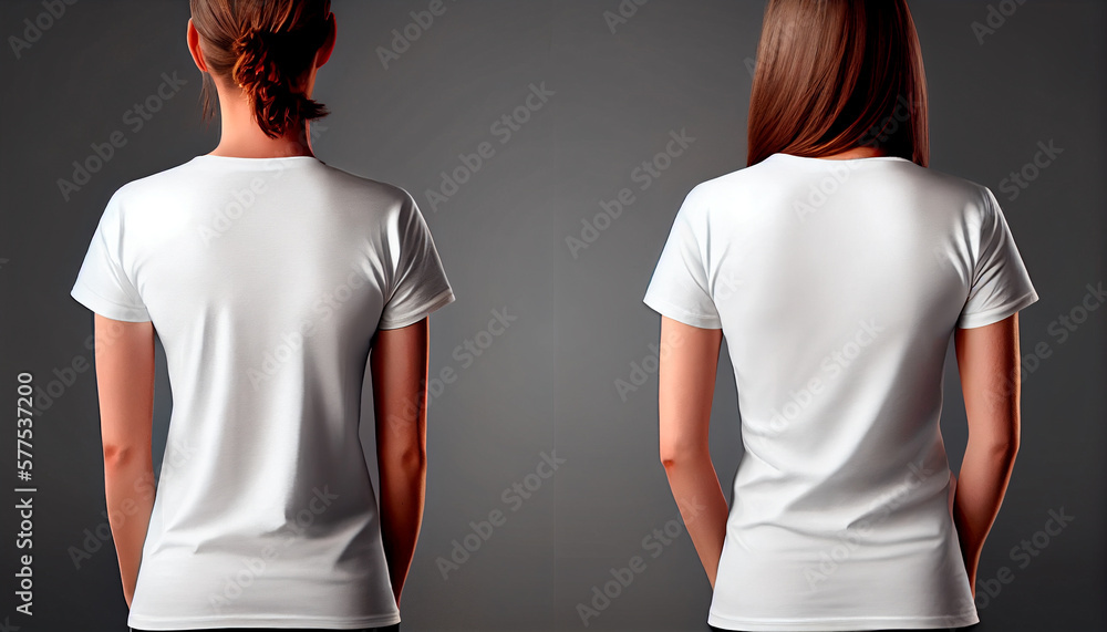 T-shirt mockup. White blank t-shirt front and back views. Female and ...