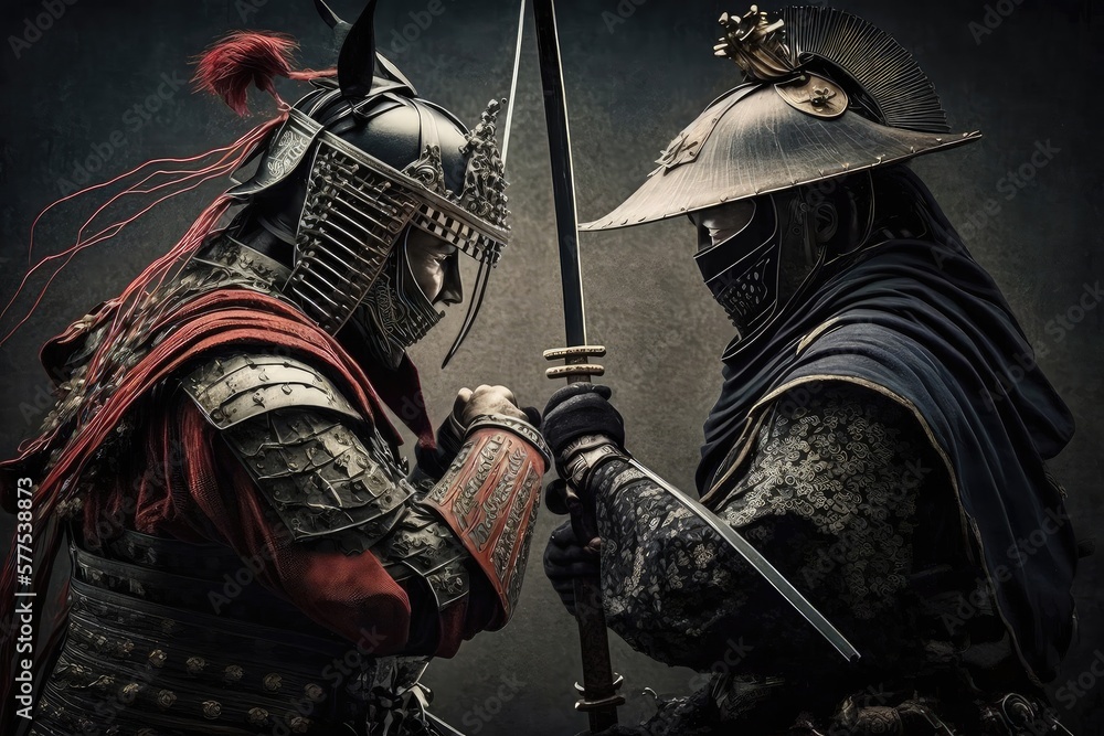 Duel of two shoguns on a gray background. Swordsmen, middle ages ...