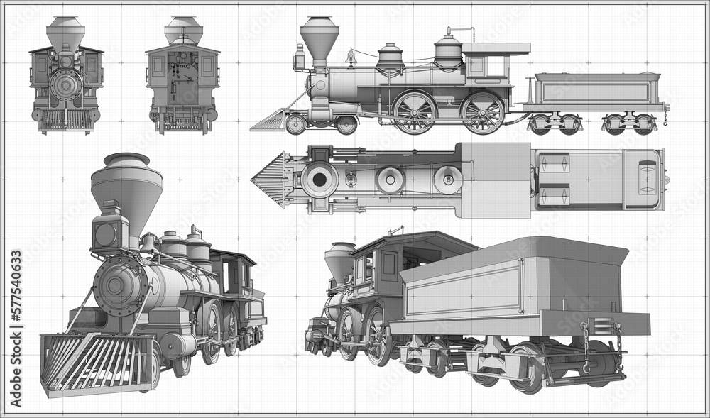 Vintage train. American steam locomotive. Locomotive in three ...