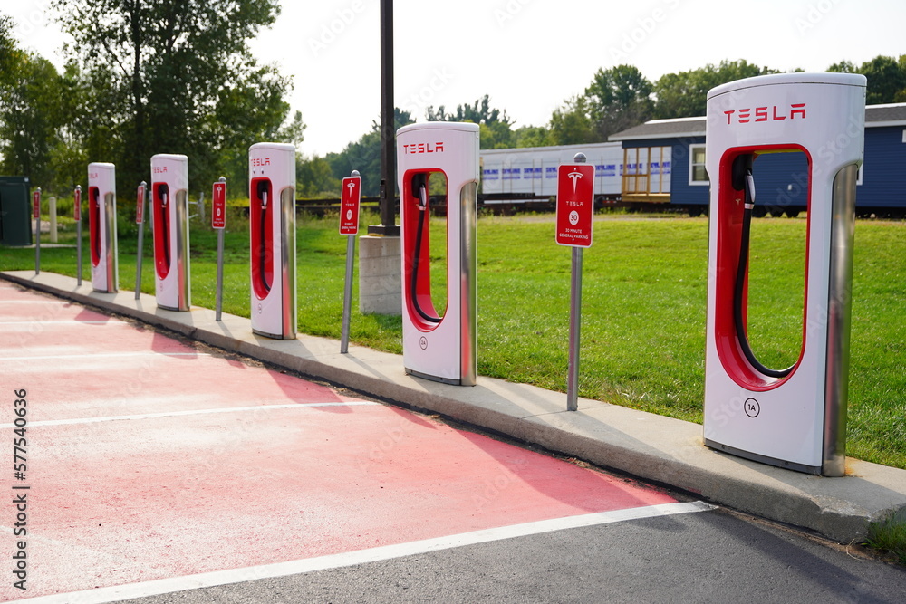Tesla vehicle charging stations sit ready to be used for electric ...