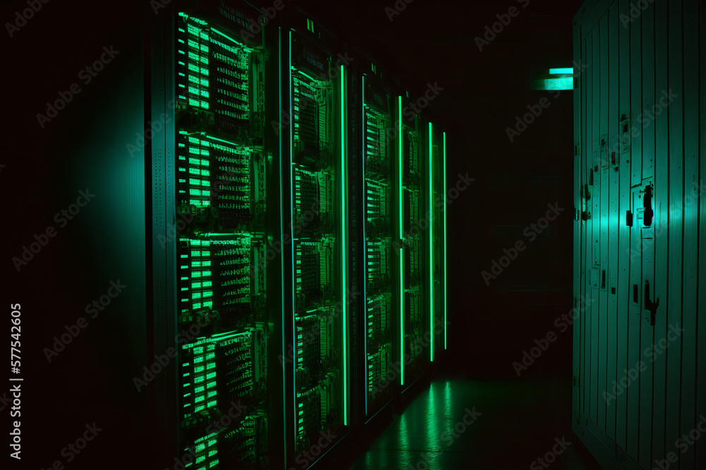 Step into a dimly lit server room filled with racks of data servers ...