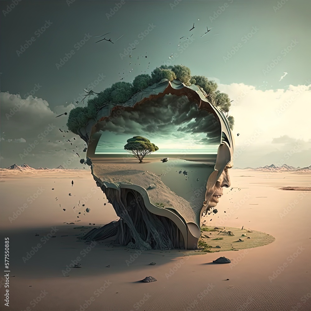 A mirage of a tree and clouds in the desert. Rich colors, illusion ...